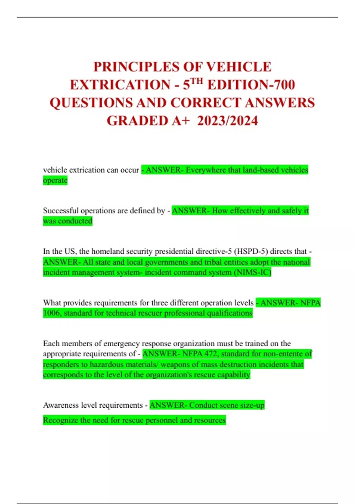 PRINCIPLES OF VEHICLE EXTRICATION - 5 TH EDITION-700 QUESTIONS AND ...