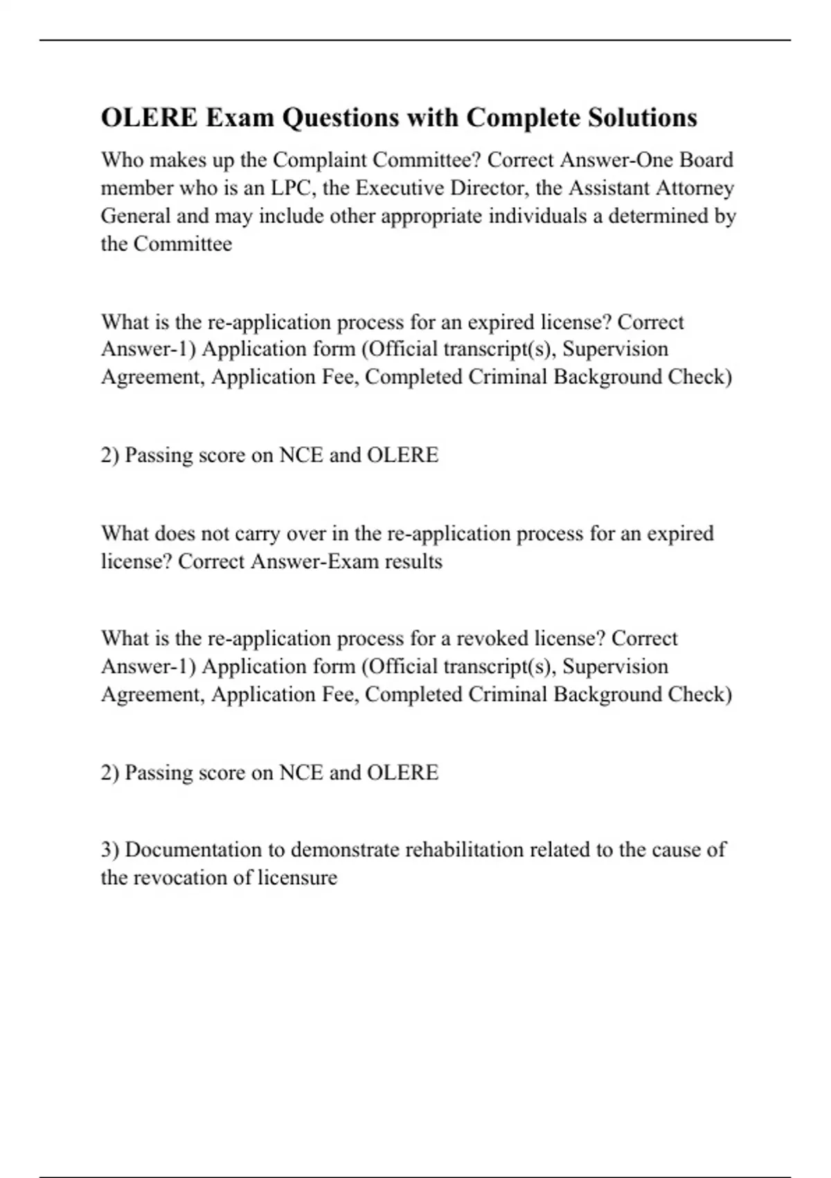 OLERE Exam Questions with Complete Solutions - OLERE - Stuvia US