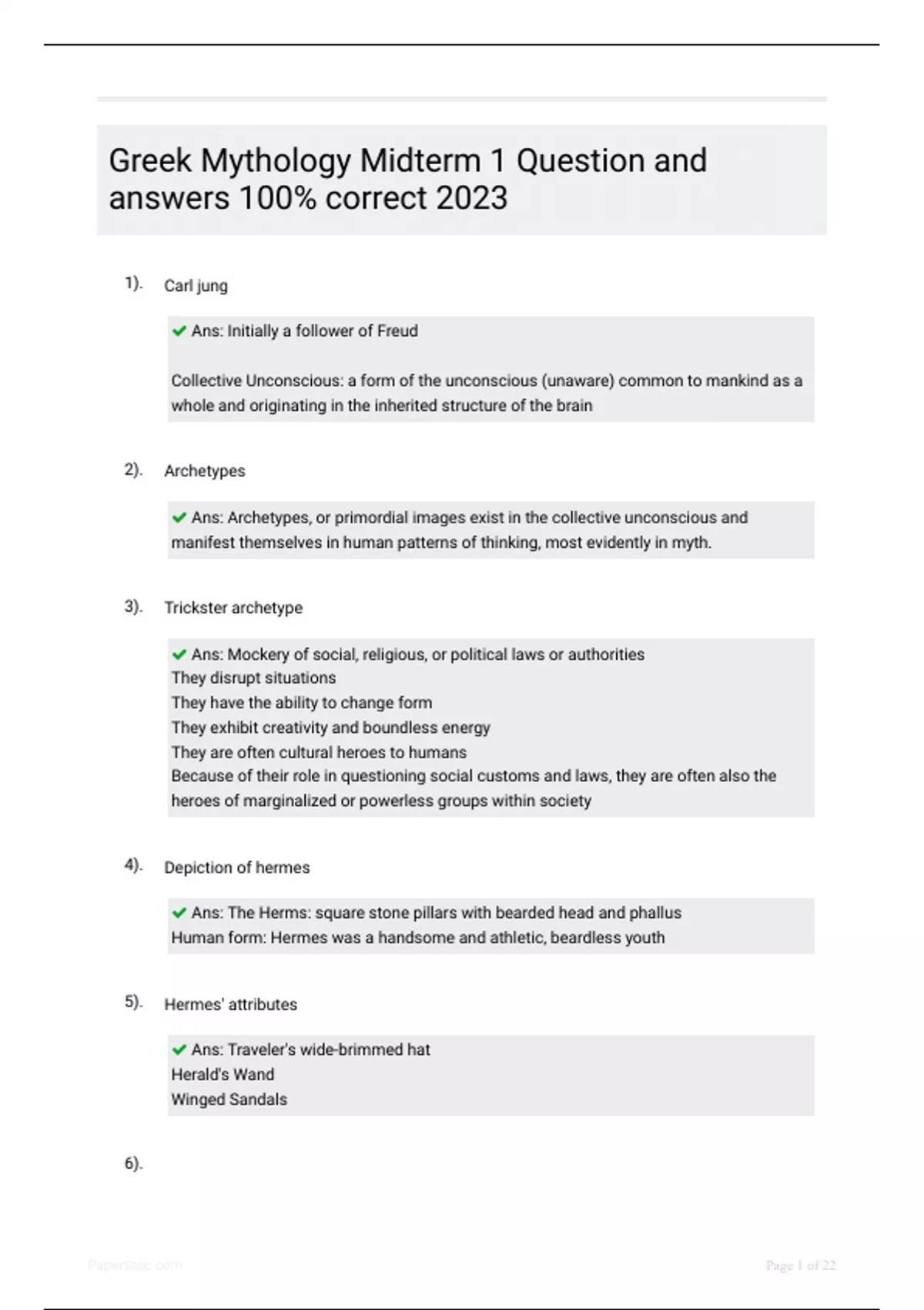 Greek Mythology Midterm 1 Question and answers 100 correct 2023 - NU1426 - Stuvia US