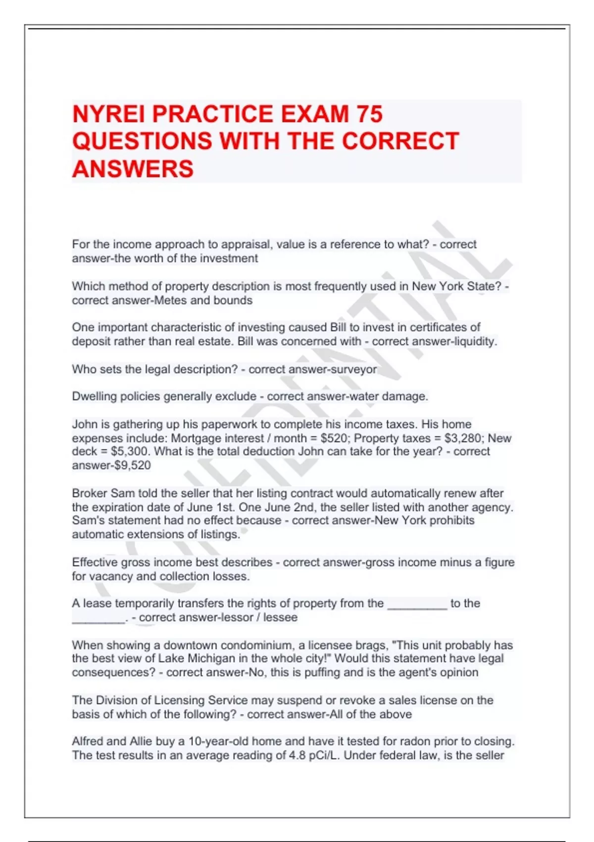 NYREI PRACTICE EXAM 75 QUESTIONS WITH THE CORRECT ANSWERS - NYREI ...