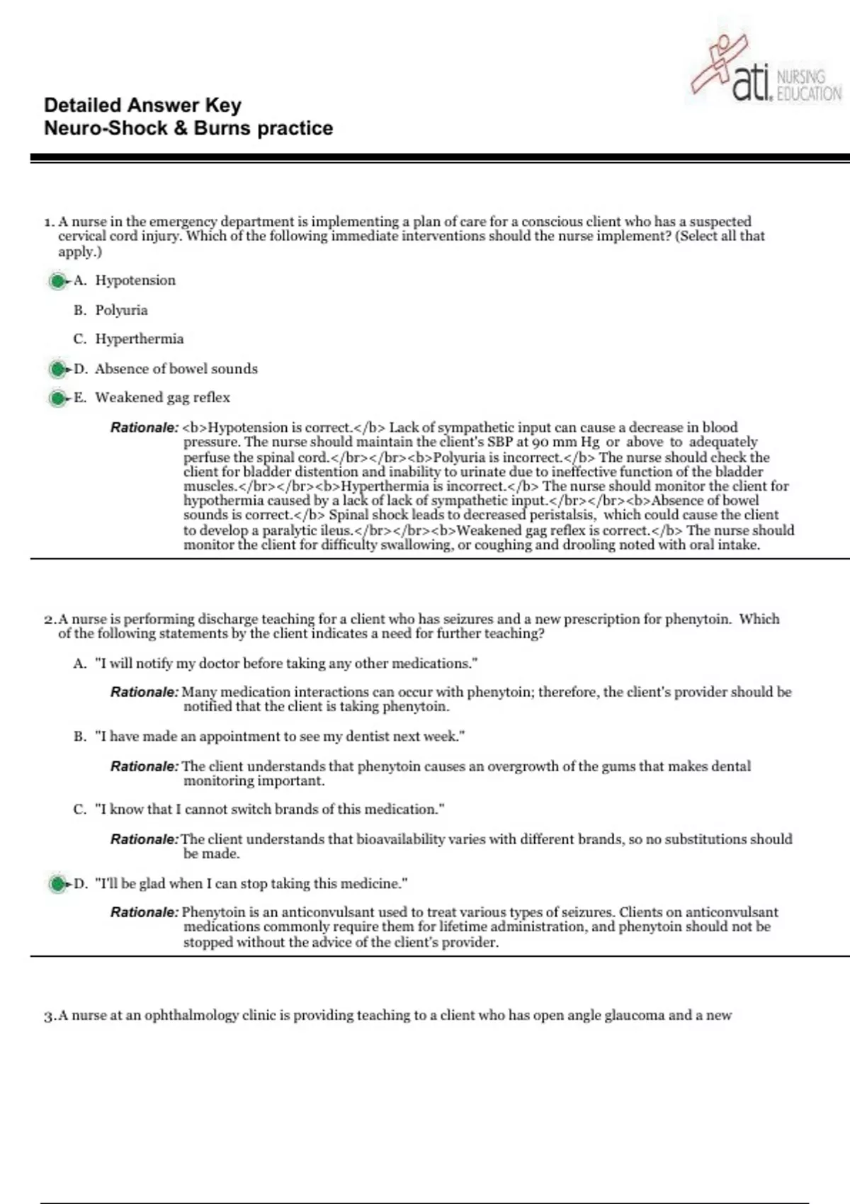 ATI MEDSURG 2 NUR 265/DETAILED ANSWER KEY NEURO-SHOCK & BURNS PRACTICE ...