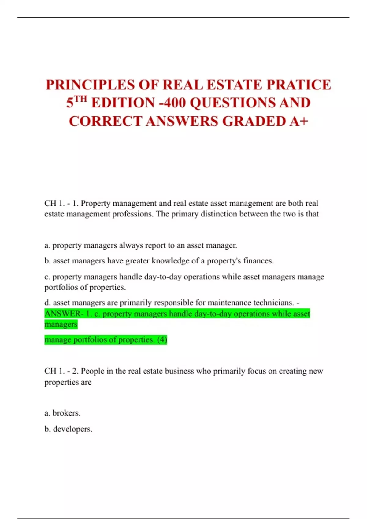 PRINCIPLES OF REAL ESTATE PRATICE 5 TH EDITION -400 QUESTIONS AND ...