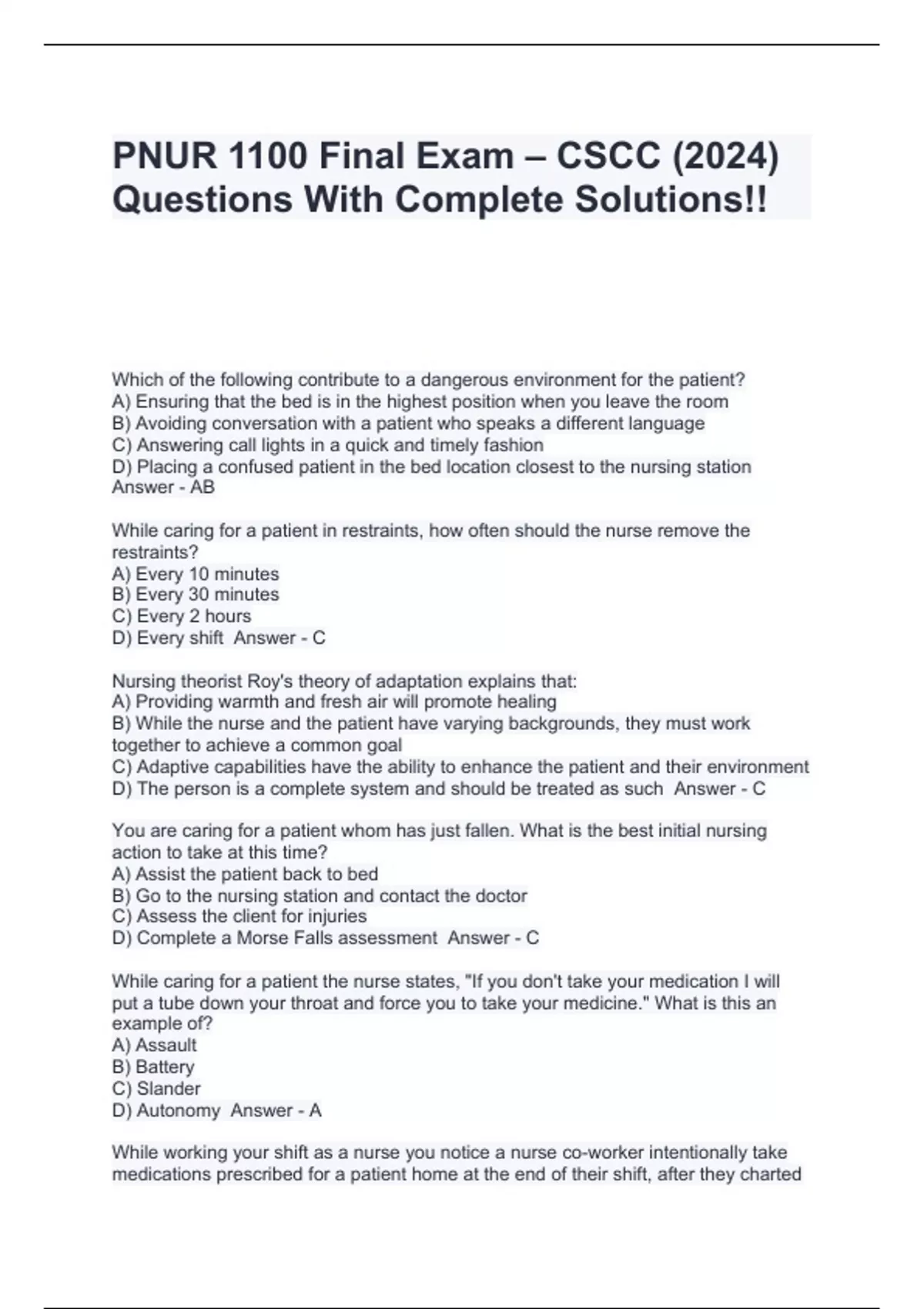 PNUR 1100 Final Exam – CSCC (2024) Questions With Complete Solutions!! - PNUR 1100 - Stuvia US