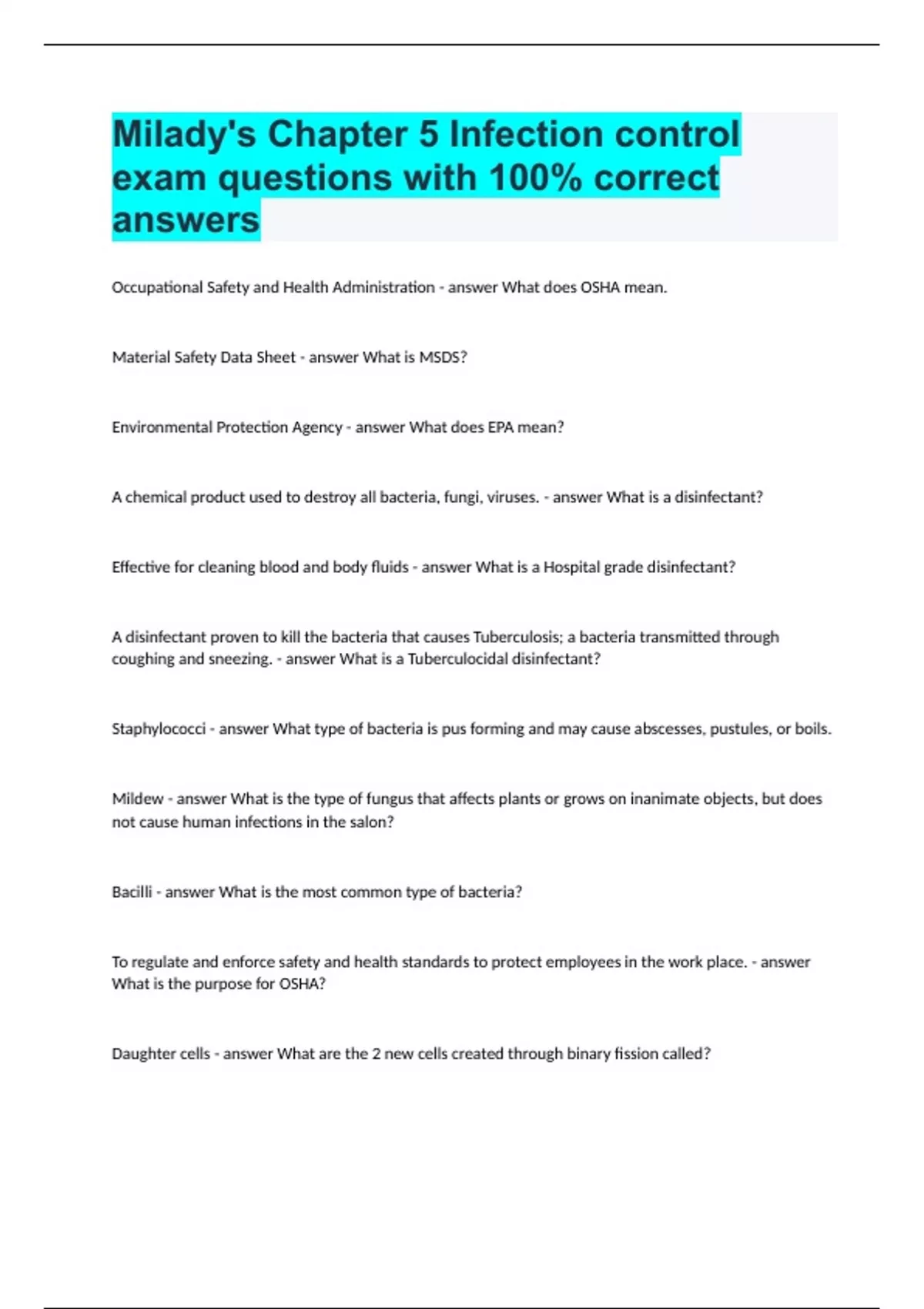 Milady's Chapter 5 Infection control exam questions with 100% correct ...