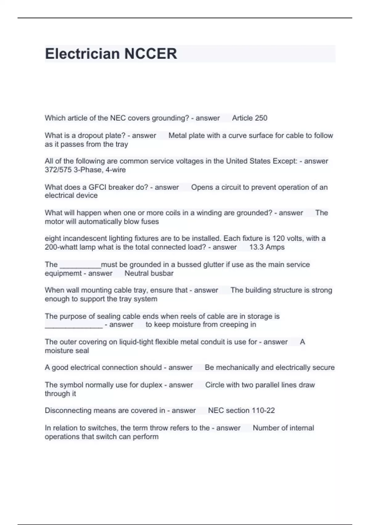 Electrician NCCER Questions and Answers 100% - NCCER - Stuvia US