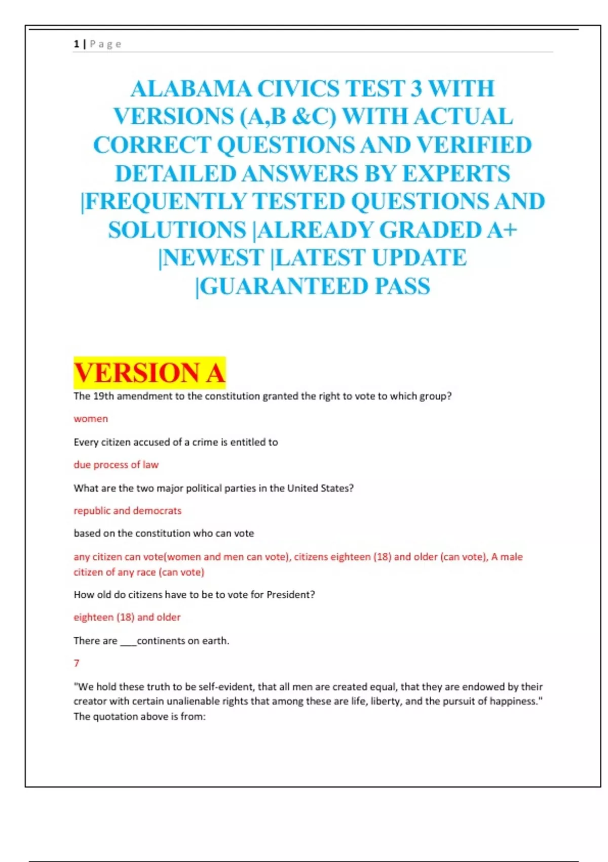 ALABAMA CIVICS TEST 3 WITH VERSIONS (A,B &C) WITH ACTUAL CORRECT ...