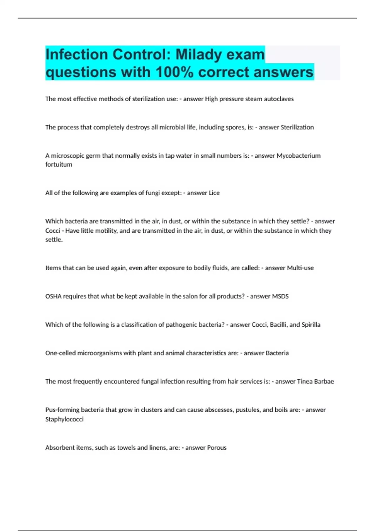 Infection Control: Milady exam questions with 100% correct answers ...