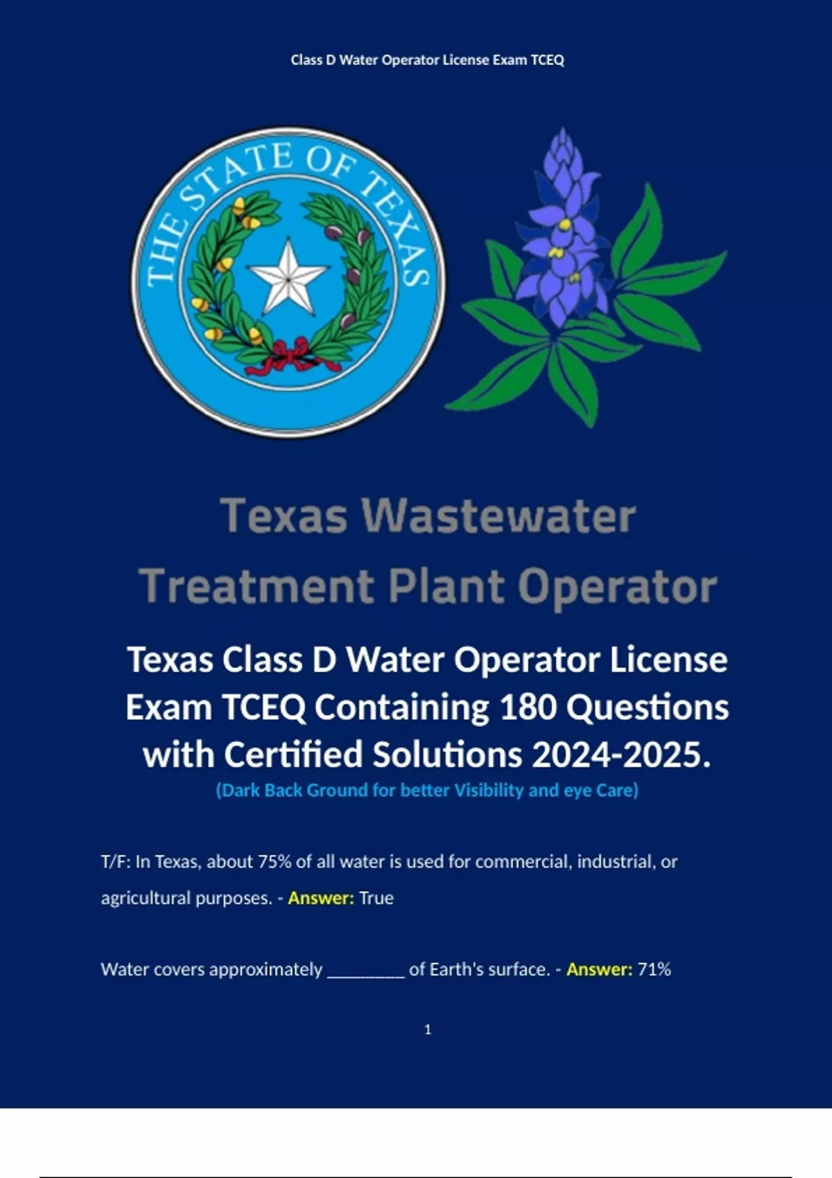 Texas Class D Water Operator License Exam TCEQ Containing 180 Questions ...