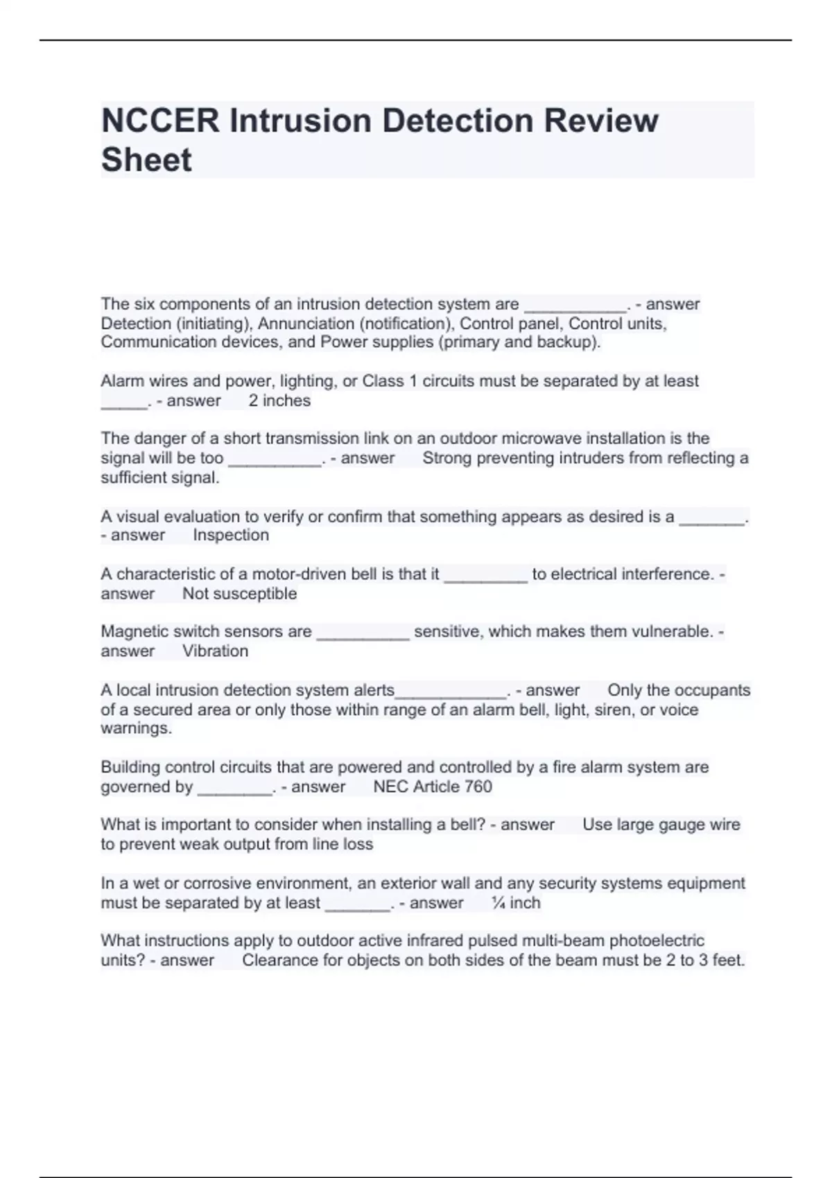 NCCER Intrusion Detection Review Sheet Questions and Answers 2024 ...