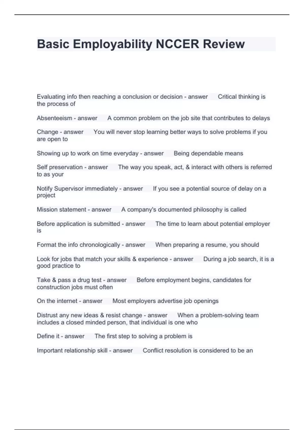 Basic Employability NCCER Review Questions and Answers 2024 - NCCER ...