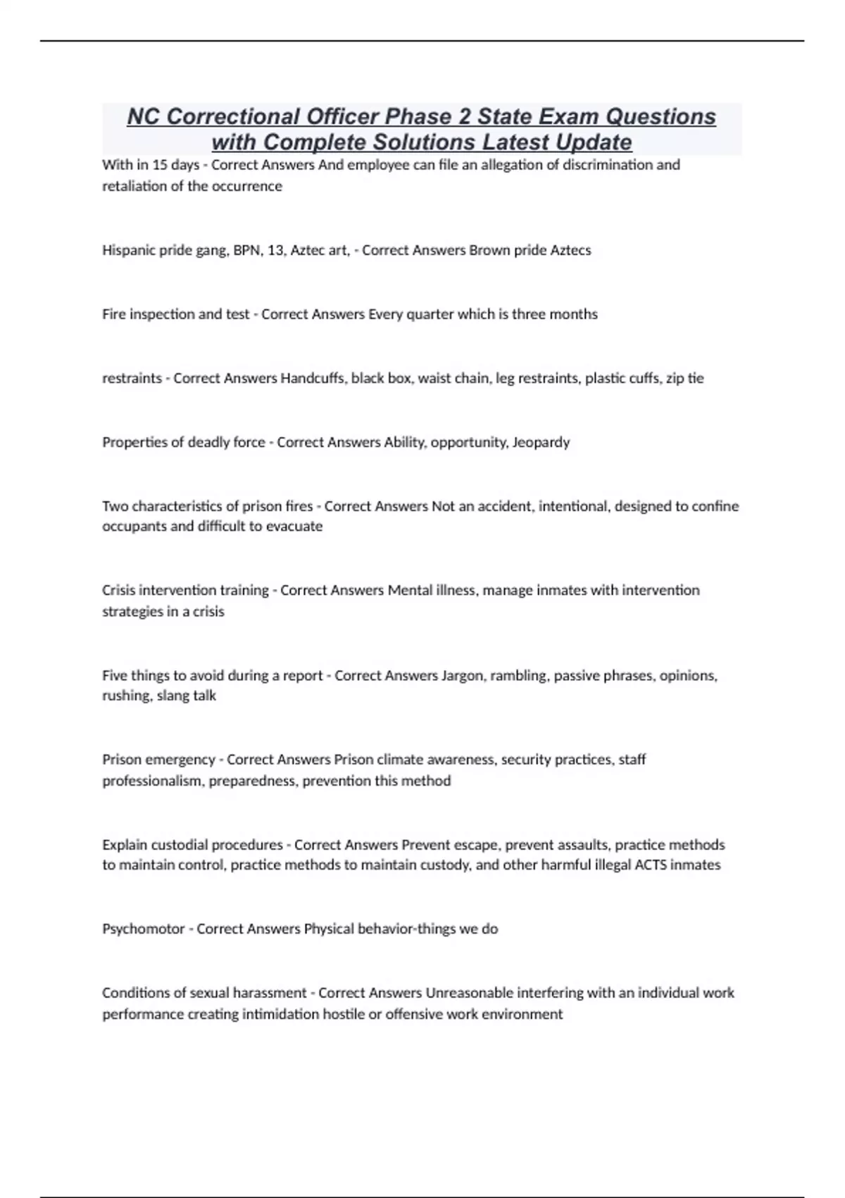 NC Correctional Officer Phase 2 State Exam Questions with Complete ...