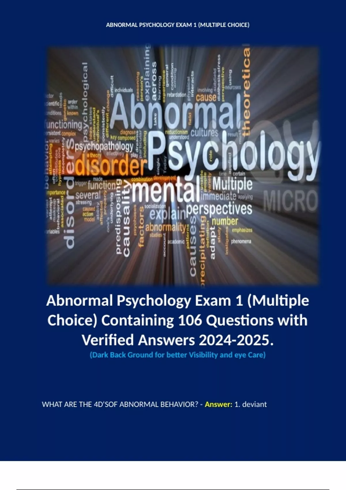 Abnormal Psychology Exam 1 (Multiple Choice) Containing 106 Questions ...