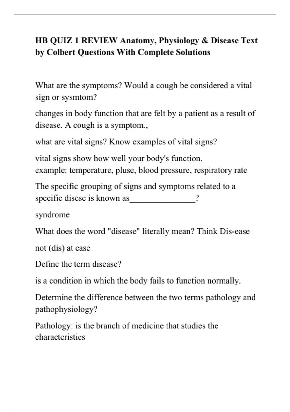 HB QUIZ 1 REVIEW Anatomy, Physiology & Disease Text by Colbert ...