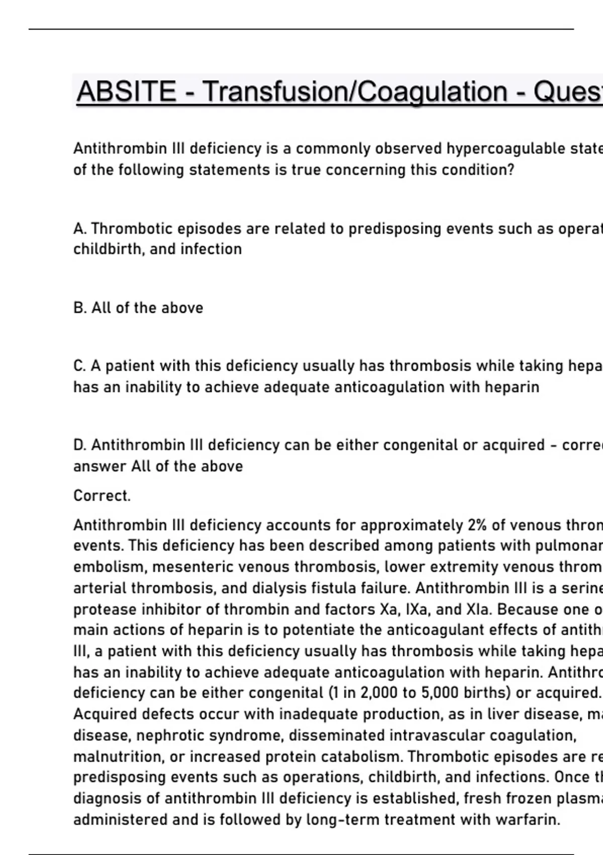 ABSITE - Transfusion Coagulation - Questions and answers latest update ...