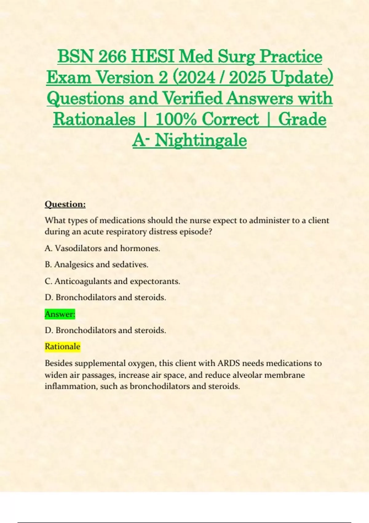 BSN 266 HESI Med Surg Practice Exam Version 2 (2024 / 2025 Update) Questions and Verified ...