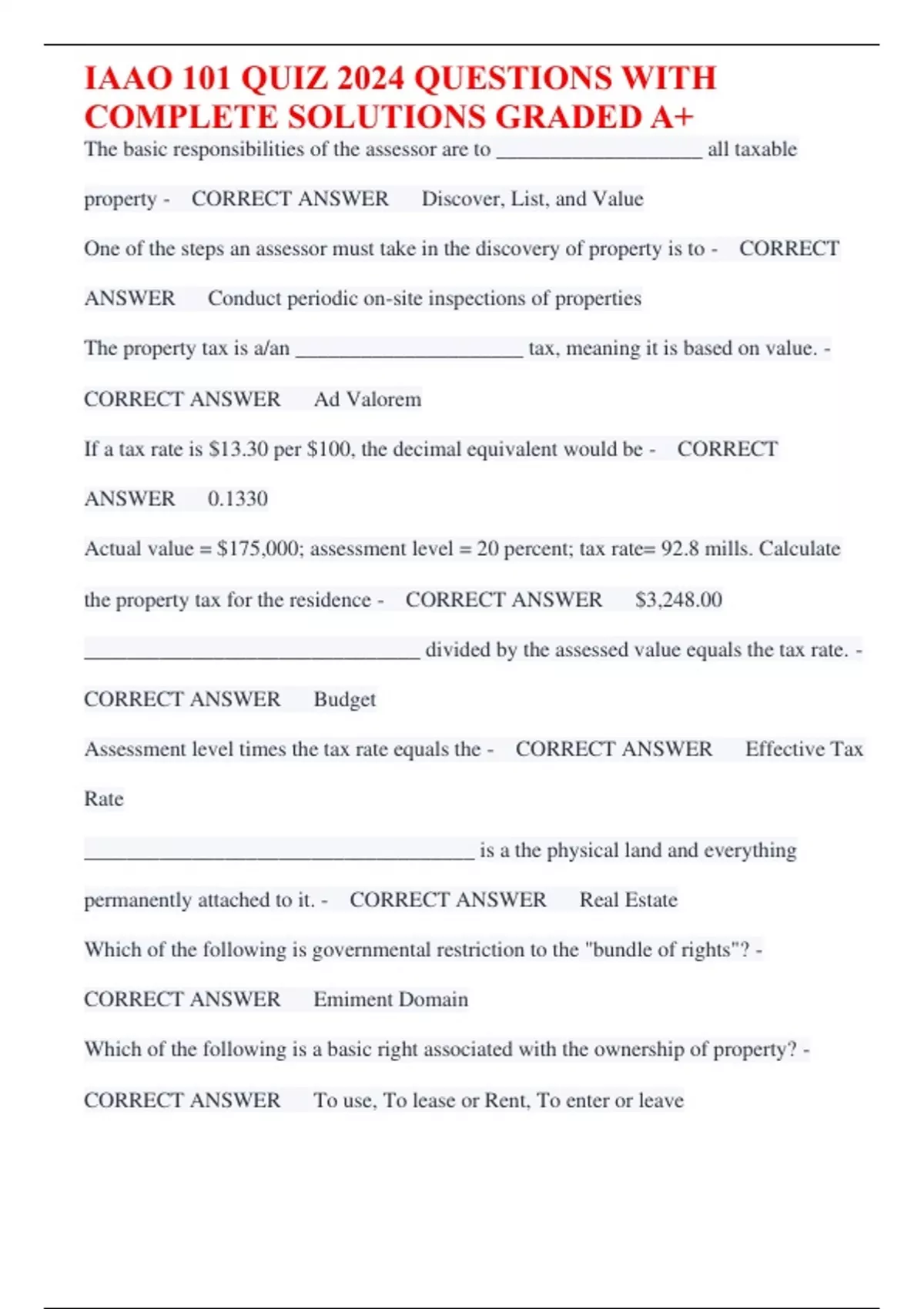 IAAO 101 QUIZ 2024 QUESTIONS WITH COMPLETE SOLUTIONS GRADED A+ - Iaao ...