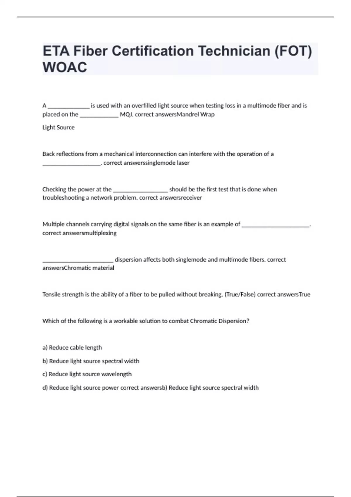 ETA Fiber Certification Technician (FOT) WOAC exam 2024 with 100% ...