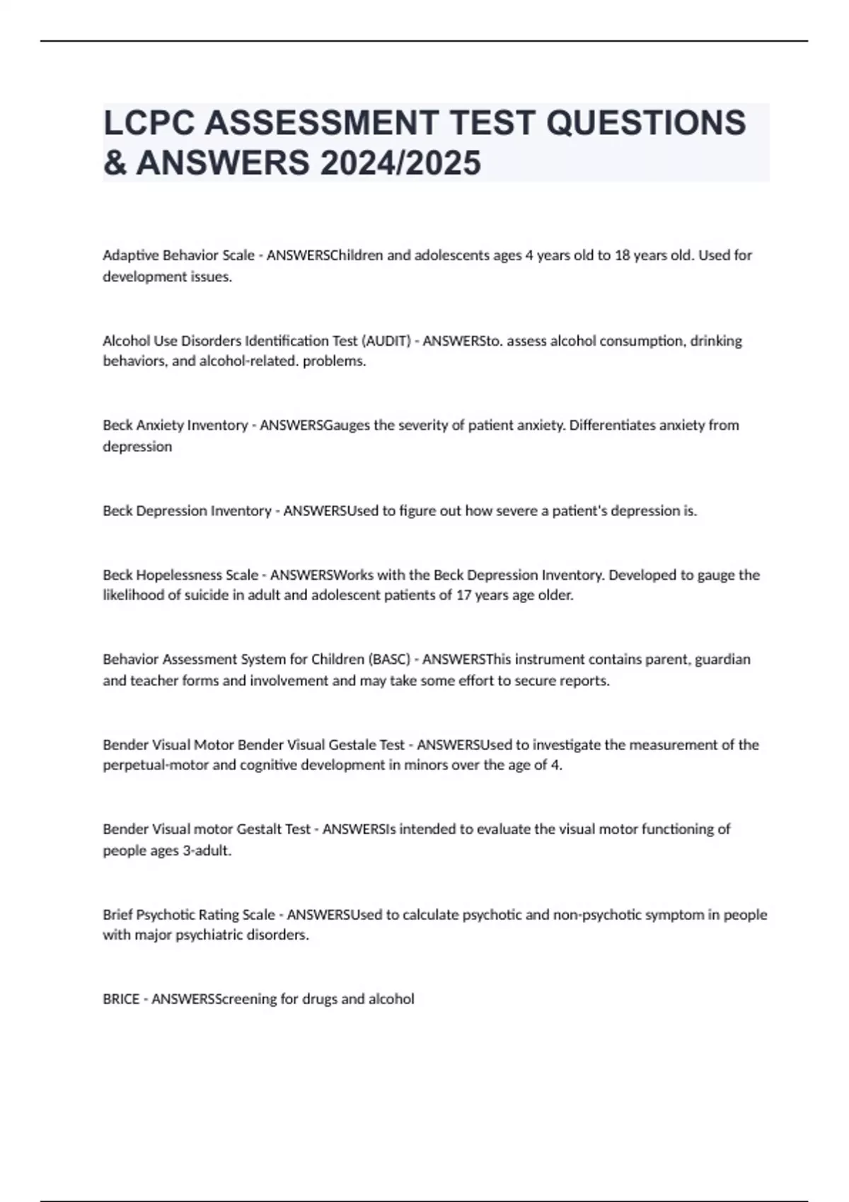 LCPC ASSESSMENT TEST QUESTIONS & ANSWERS 2024/2025 - LCPC ASSESSMENT ...