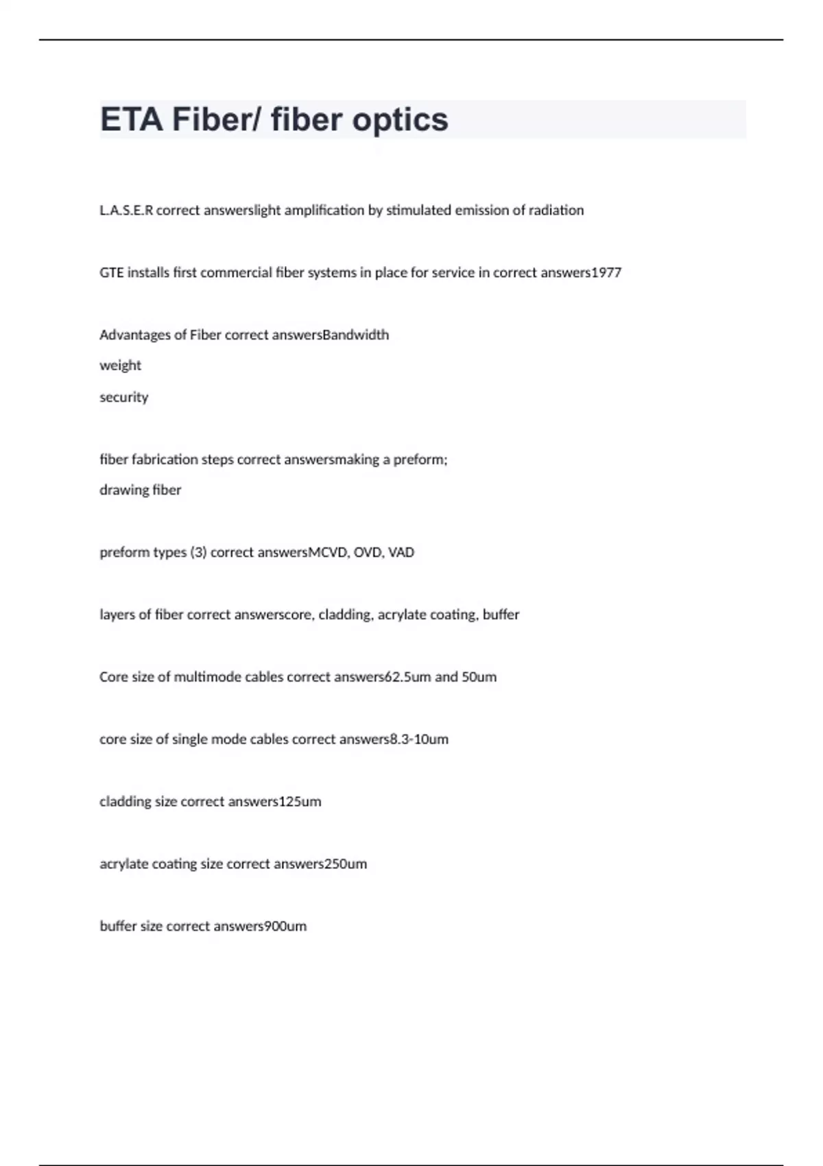 ETA Fiber/ fiber optics exam 2024 with 100% complete solutions - ETA ...