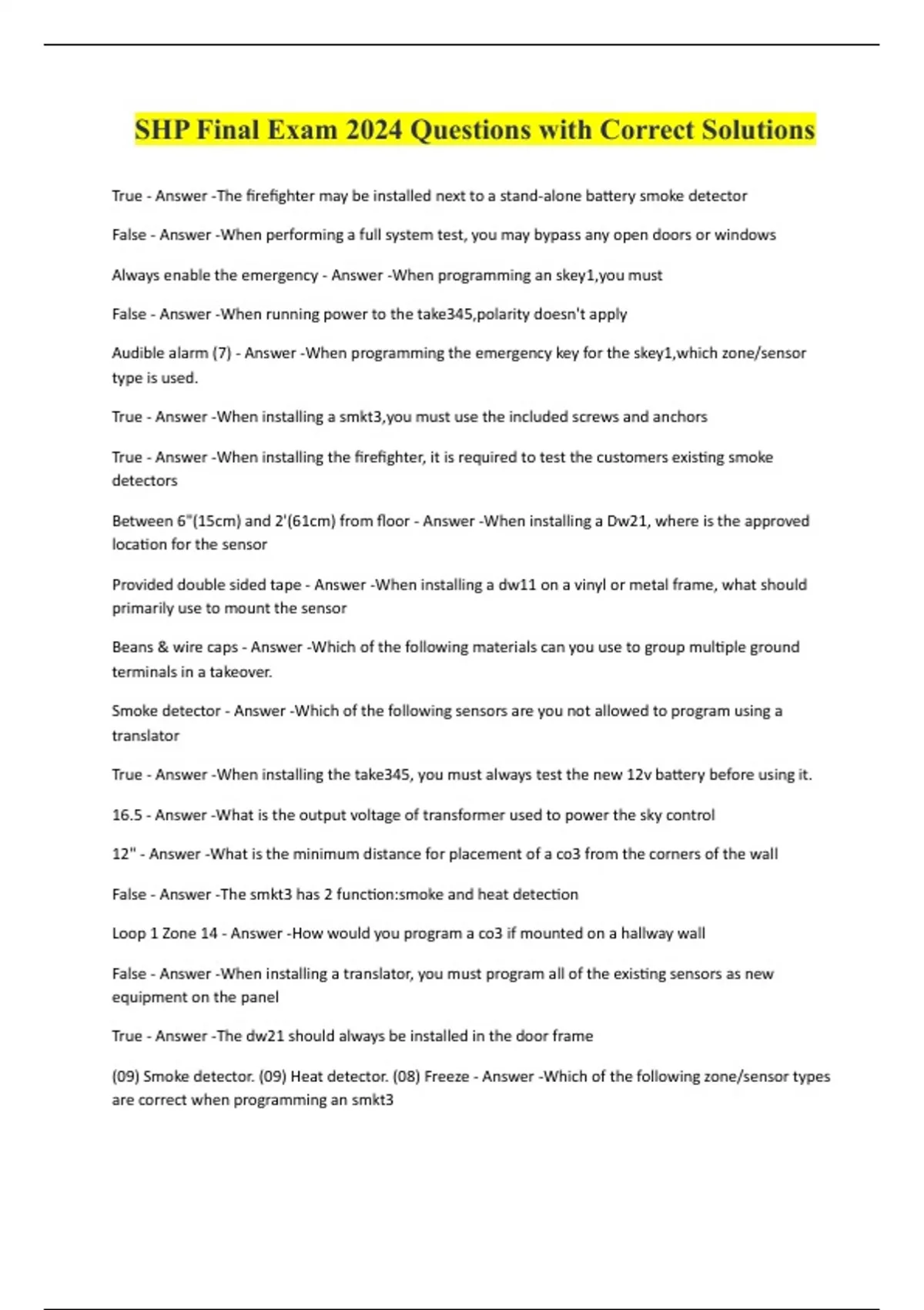 SHP Final Exam 2024 Questions with Correct Solutions - SHP 1 - Stuvia US
