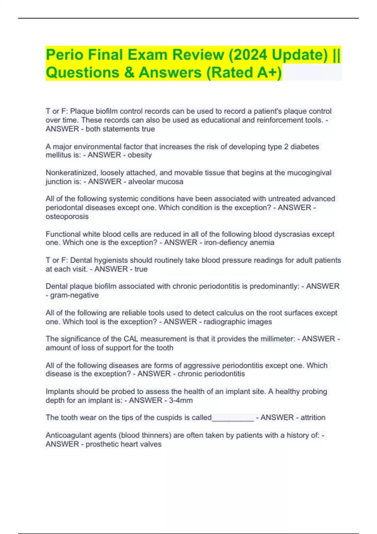 Perio Final Exam Review (2024 Update) || Questions & Answers (Rated A+) - Perio - Stuvia US