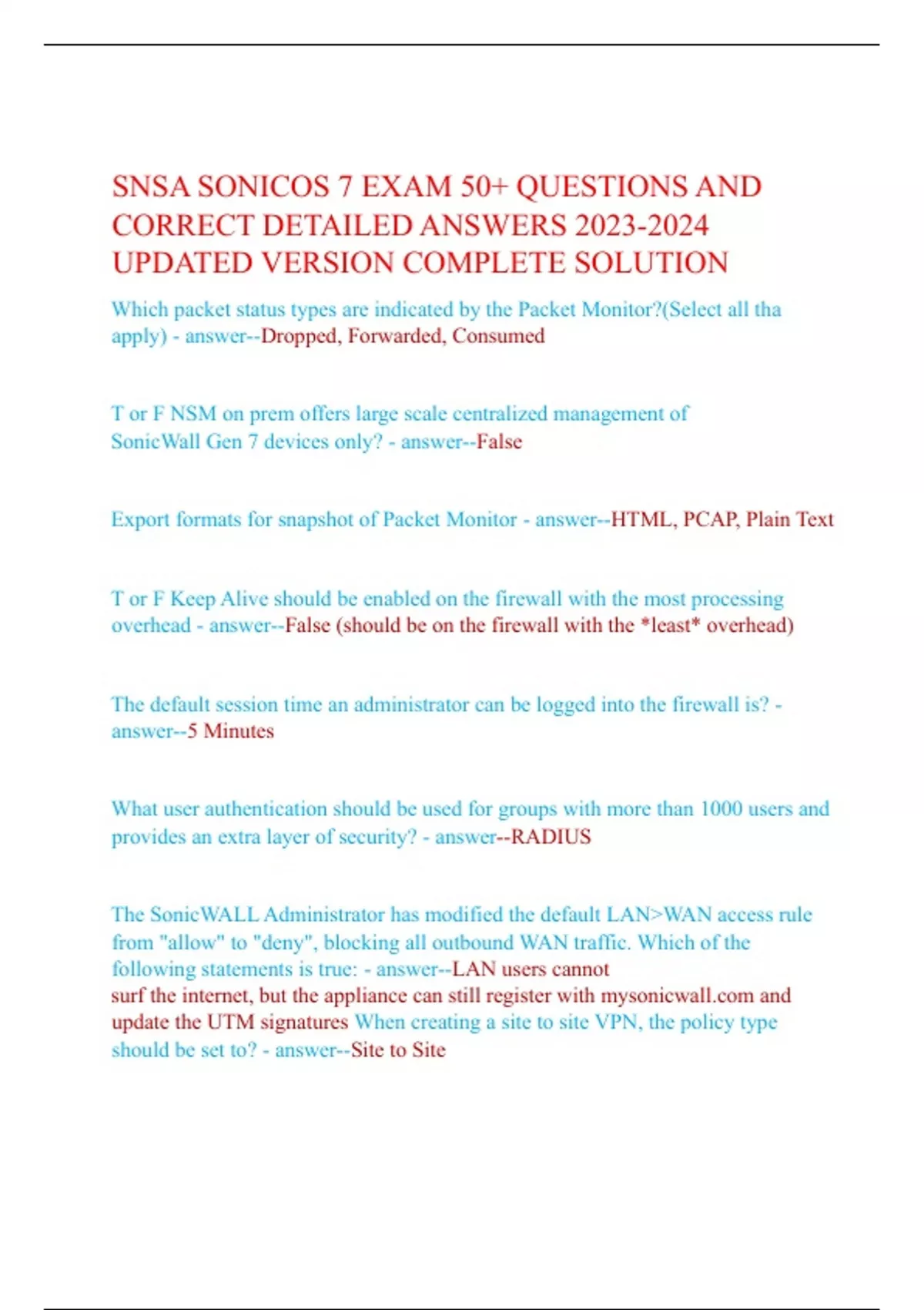 SNSA SONICOS 7 EXAM 50+ QUESTIONS AND CORRECT DETAILED ANSWERS UPDATED VERSION COMPLETE SOLUTION ...