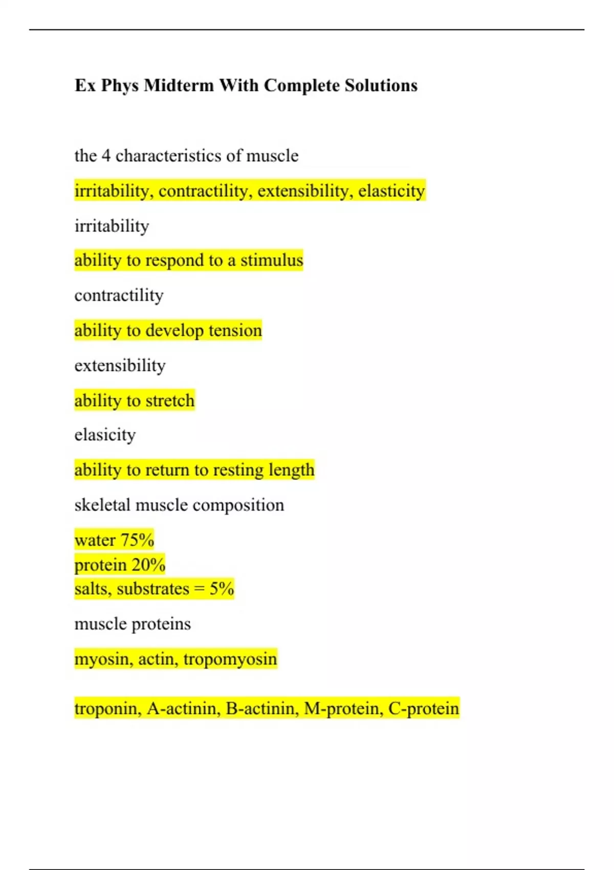 Ex Phys Midterm With Complete Solutions - Exercise Physiology - Stuvia US