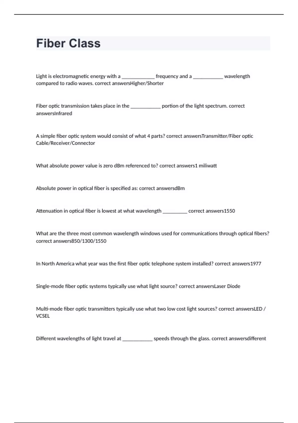 Fiber Class exam with 100% correct answers - Fiber Class - Stuvia US