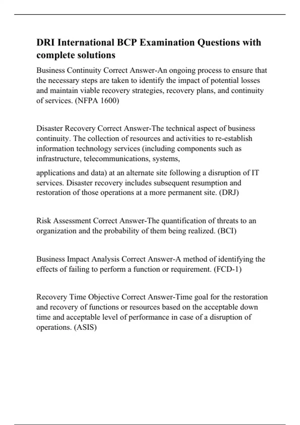 DRI International BCP Examination Questions with complete solutions ...