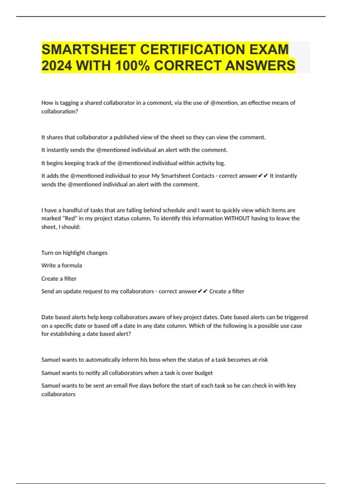 SMARTSHEET CERTIFICATION EXAM 2024 WITH 100% CORRECT ANSWERS ...