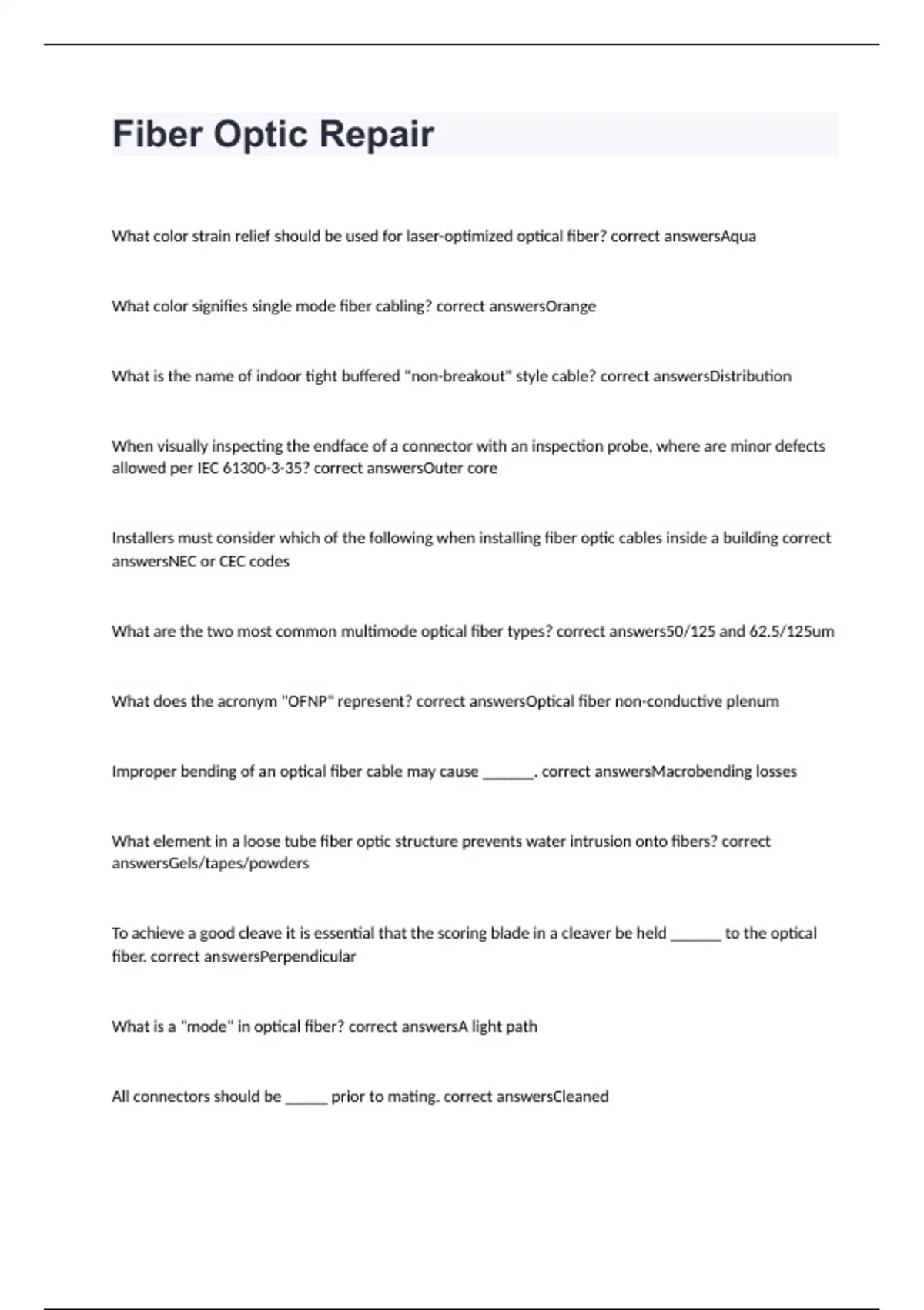 Fiber Optic Repair exam with correct answers 2024 - Fiber Optic Repair ...