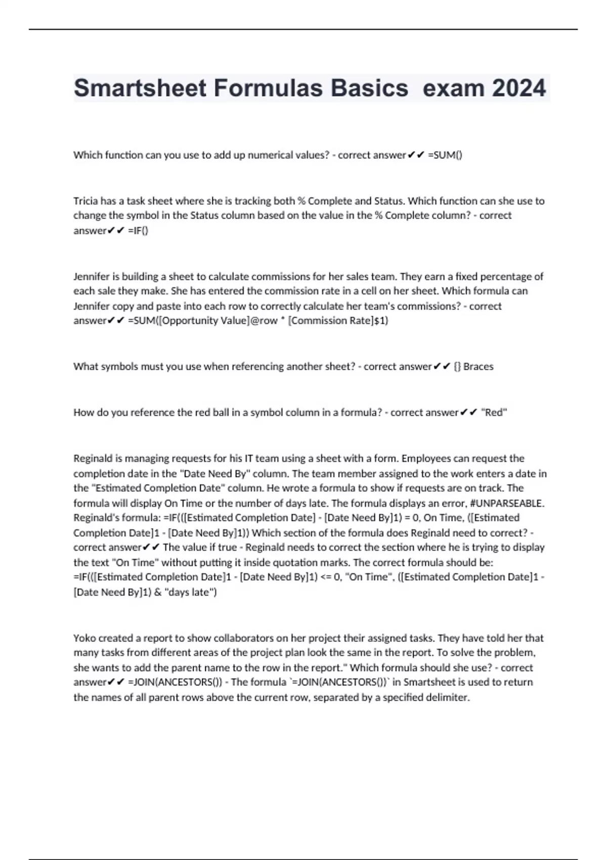 Smartsheet Formulas Basics exam 2024 - Smartsheet Formulas Basics - Stuvia US