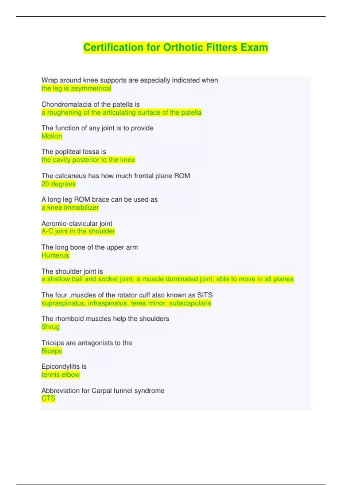 Certification for Orthotic Fitters Exam - Questions and Answers, Graded ...