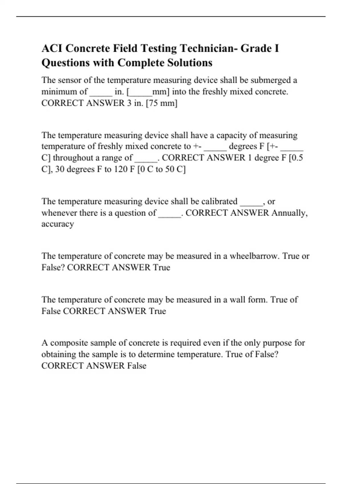ACI Concrete Field Testing Technician- Grade I Questions with Complete ...