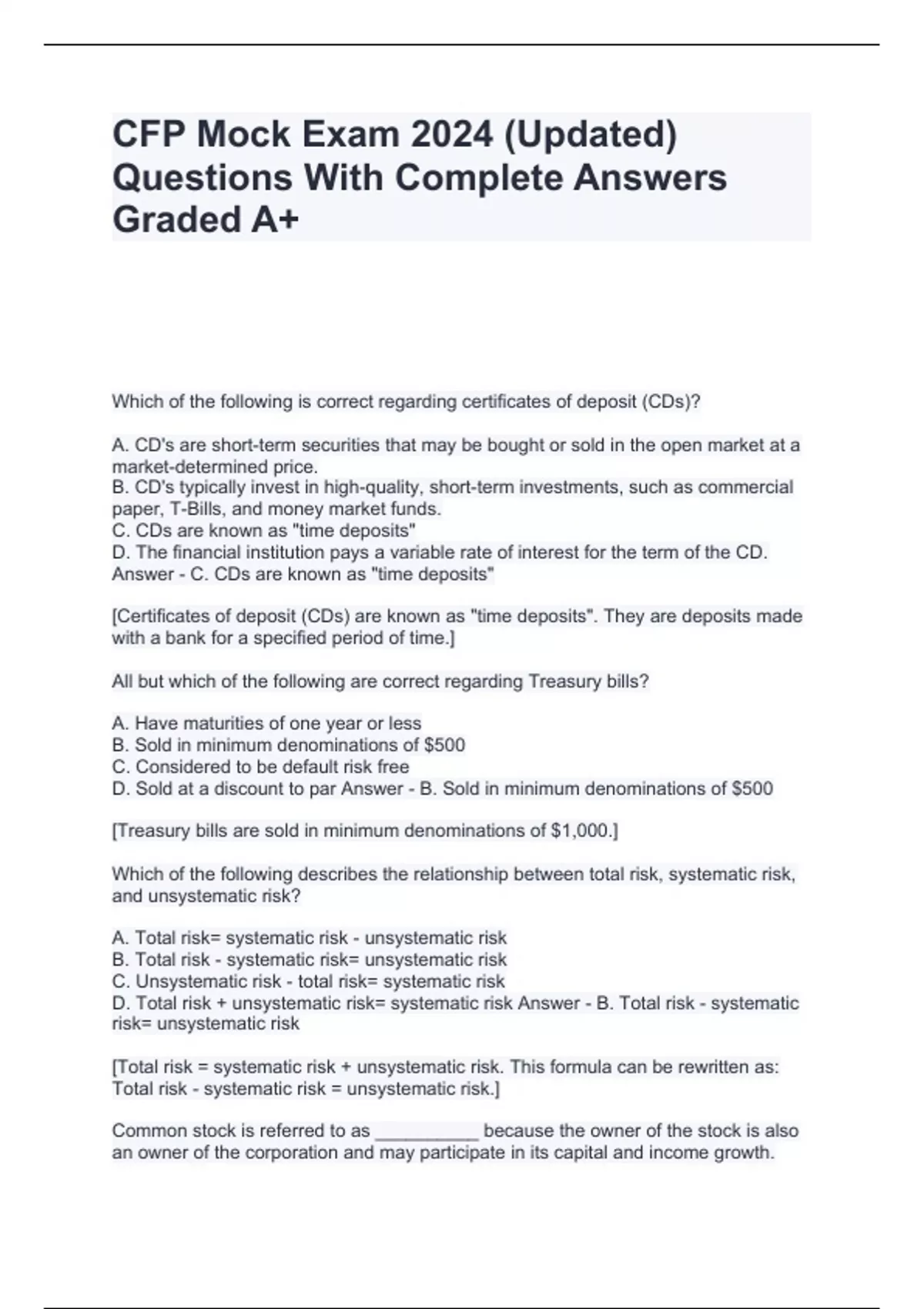 CFP Mock Exam 2024 (Updated) Questions With Complete Answers Graded A+ ...