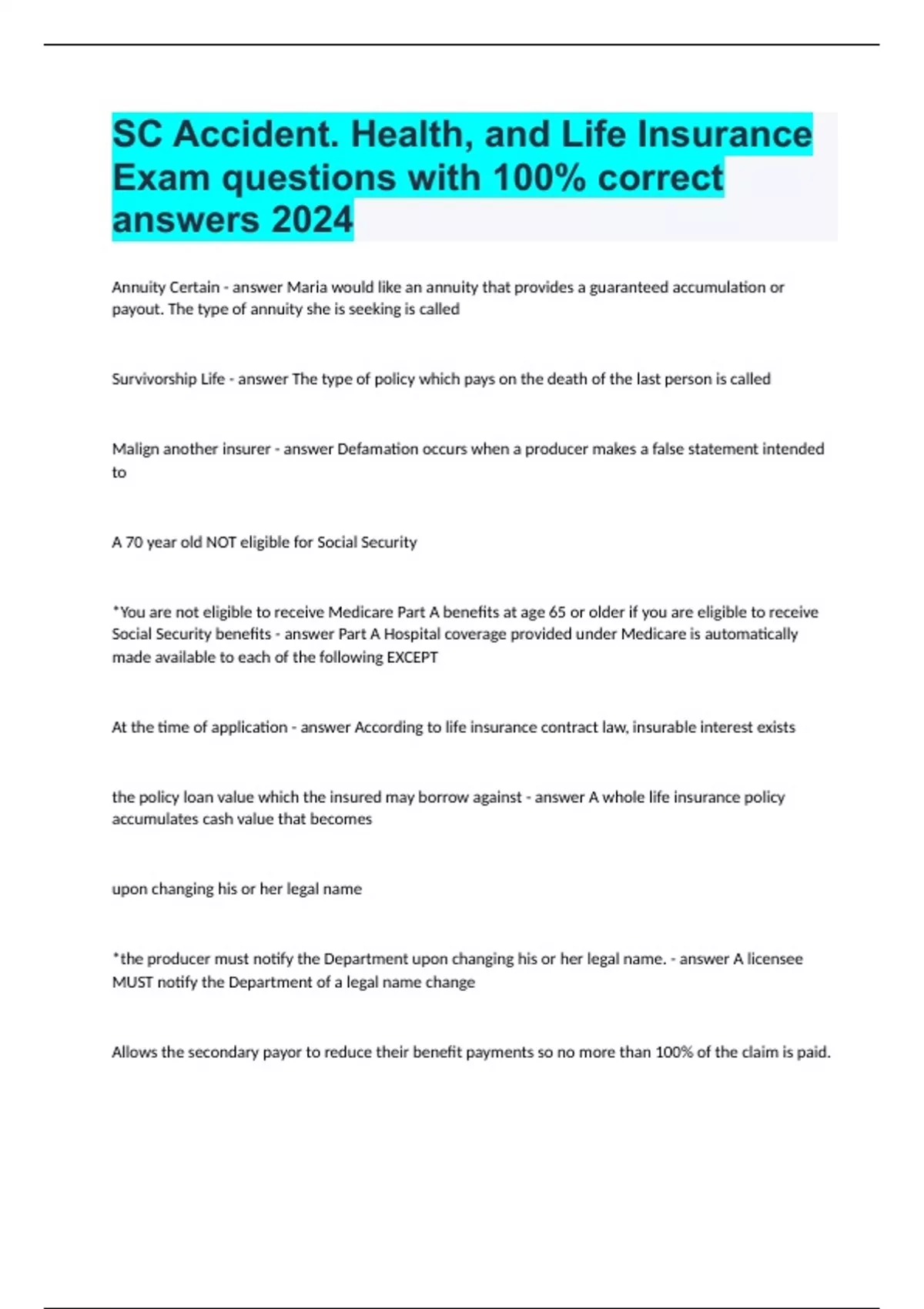 SC Accident. Health, and Life Insurance Exam questions with 100% ...