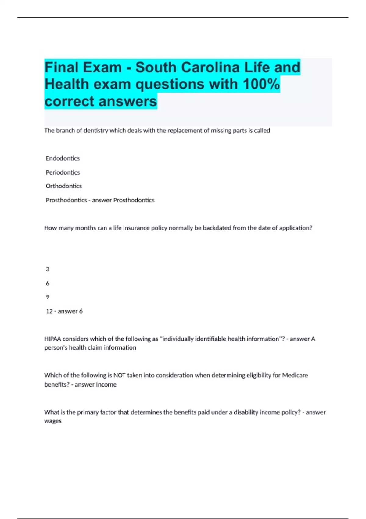 Final Exam - South Carolina Life and Health exam questions with 100% ...