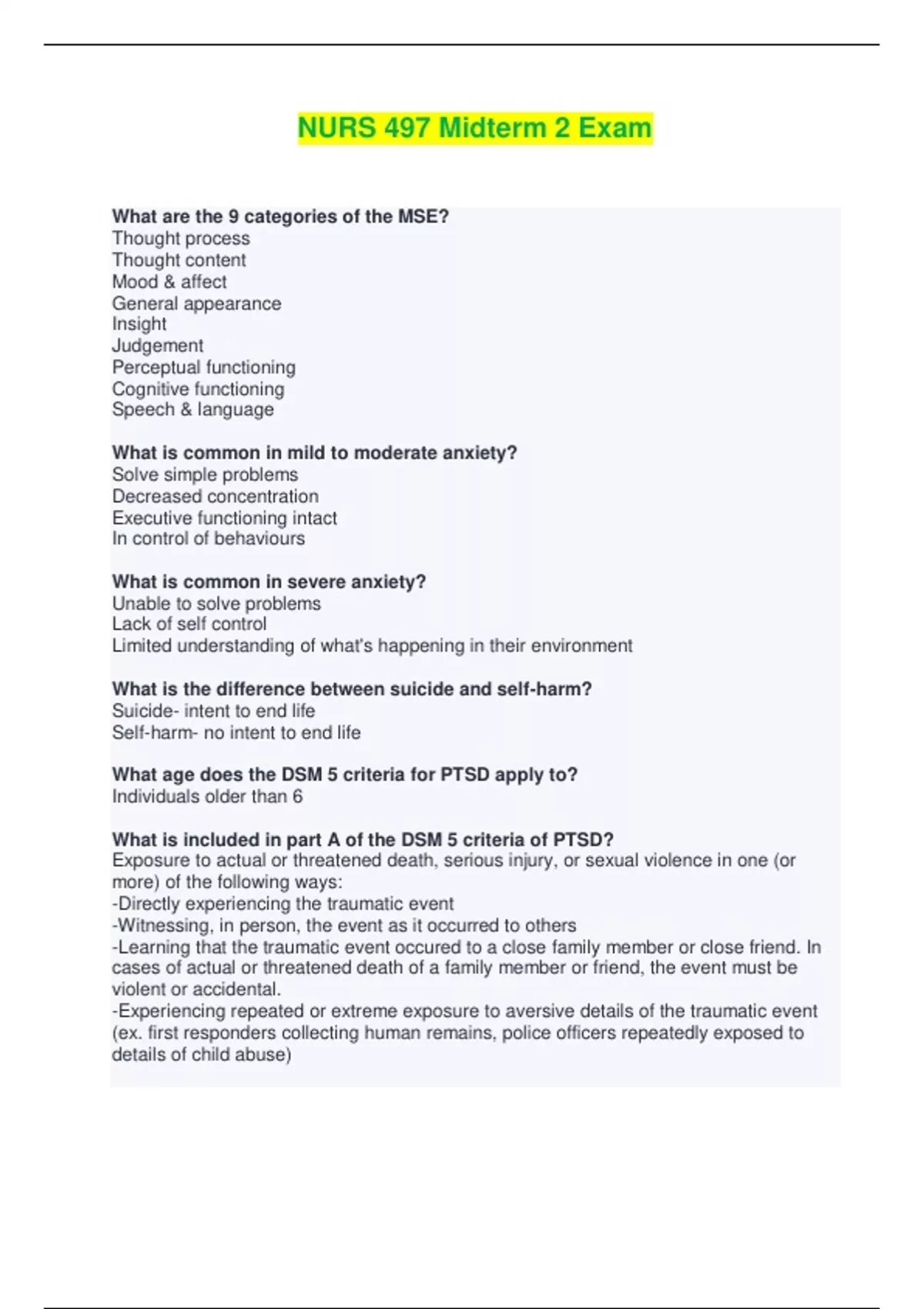NURS 497 Midterm 2 Exam - Complete Solutions (Answered) - NURS 497 - Stuvia US