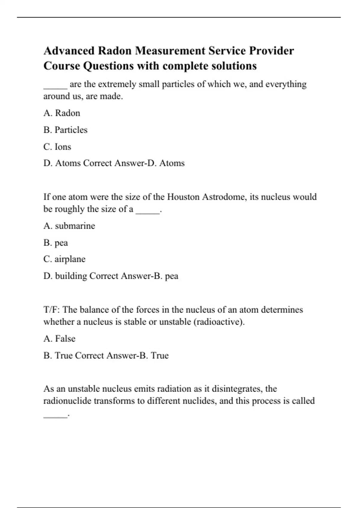 Advanced Radon Measurement Service Provider Course Questions with ...