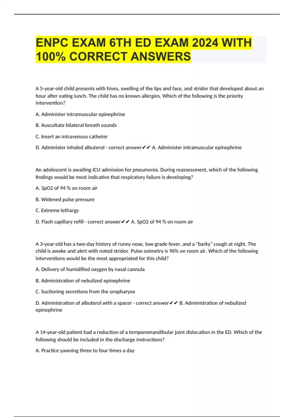 ENPC EXAM 6TH ED EXAM 2024 WITH 100% CORRECT ANSWERS - ENPC - Stuvia FR