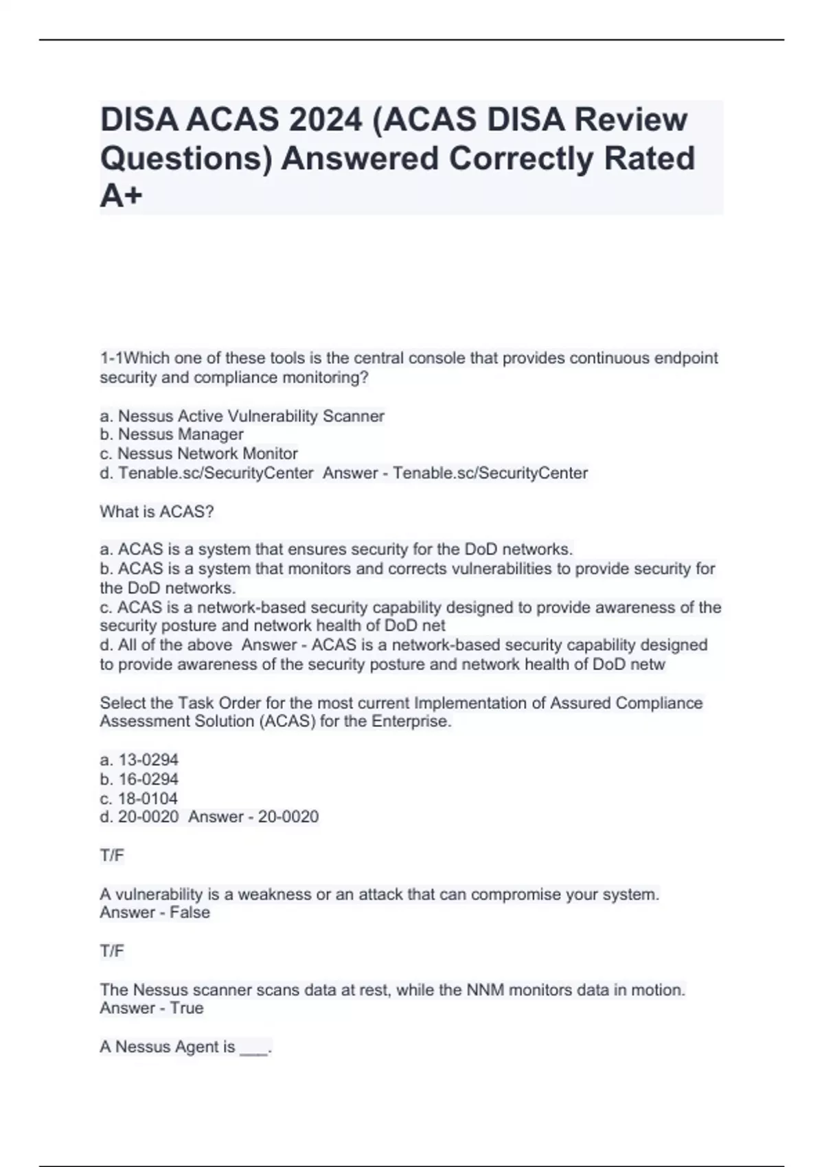 DISA ACAS 2024 (ACAS DISA Review Questions) Answered Correctly Rated A+ - DISA ACAS - Stuvia SA