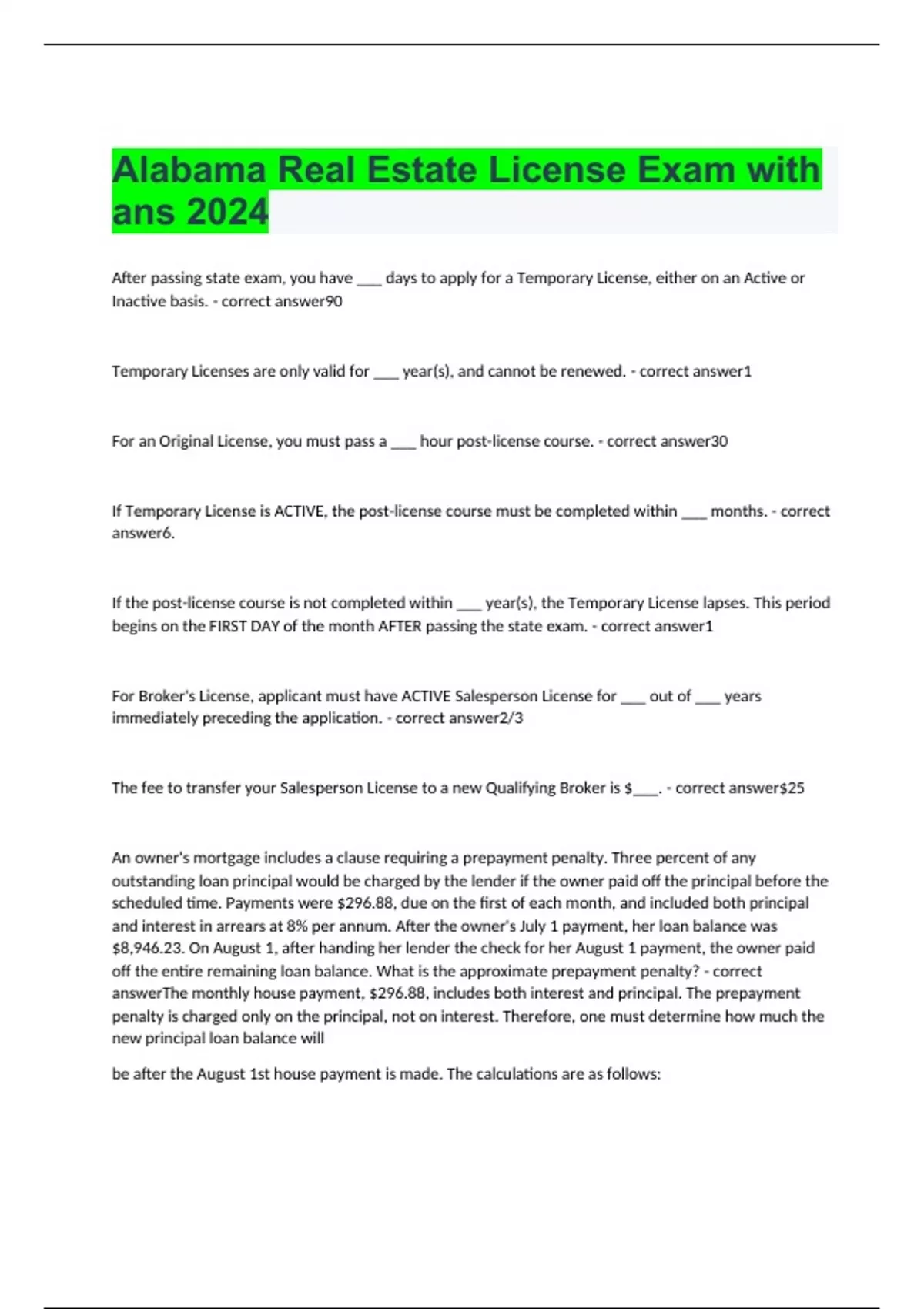 Alabama Real Estate License Exam with ans 2024 - REAL ESTATE LICENSE ...