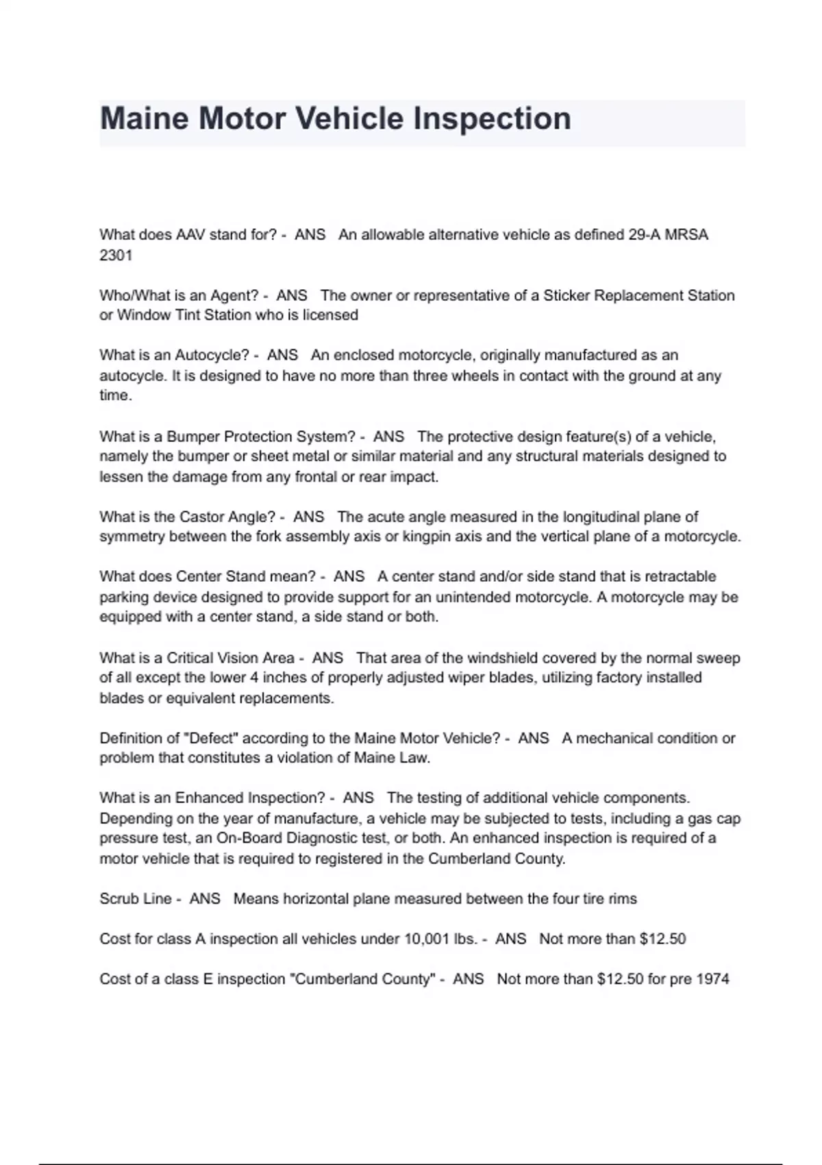 Maine Motor Vehicle Inspection Exam Questions And Answers - MAINE STATE ...