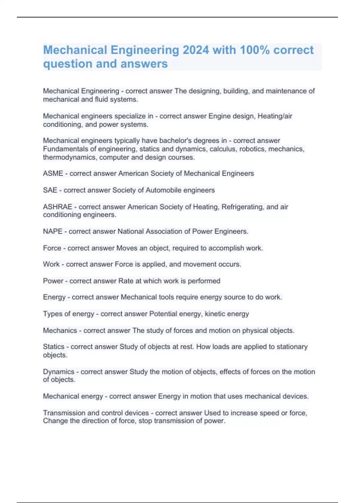 Mechanical Engineering 2024 with 100 correct questions and answers ...