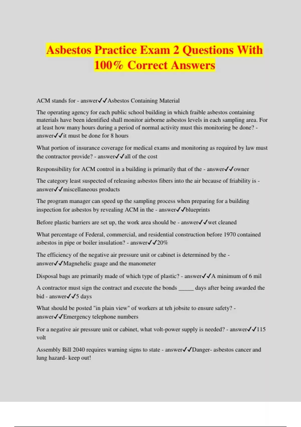 Asbestos Building Inspector Initial Exam Questions With 100% Correct ...