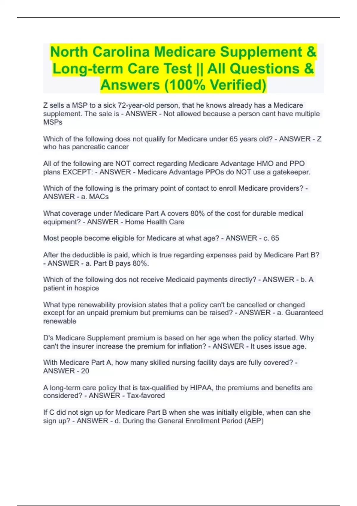 North Carolina Medicare Supplement & Long-term Care Test || All ...