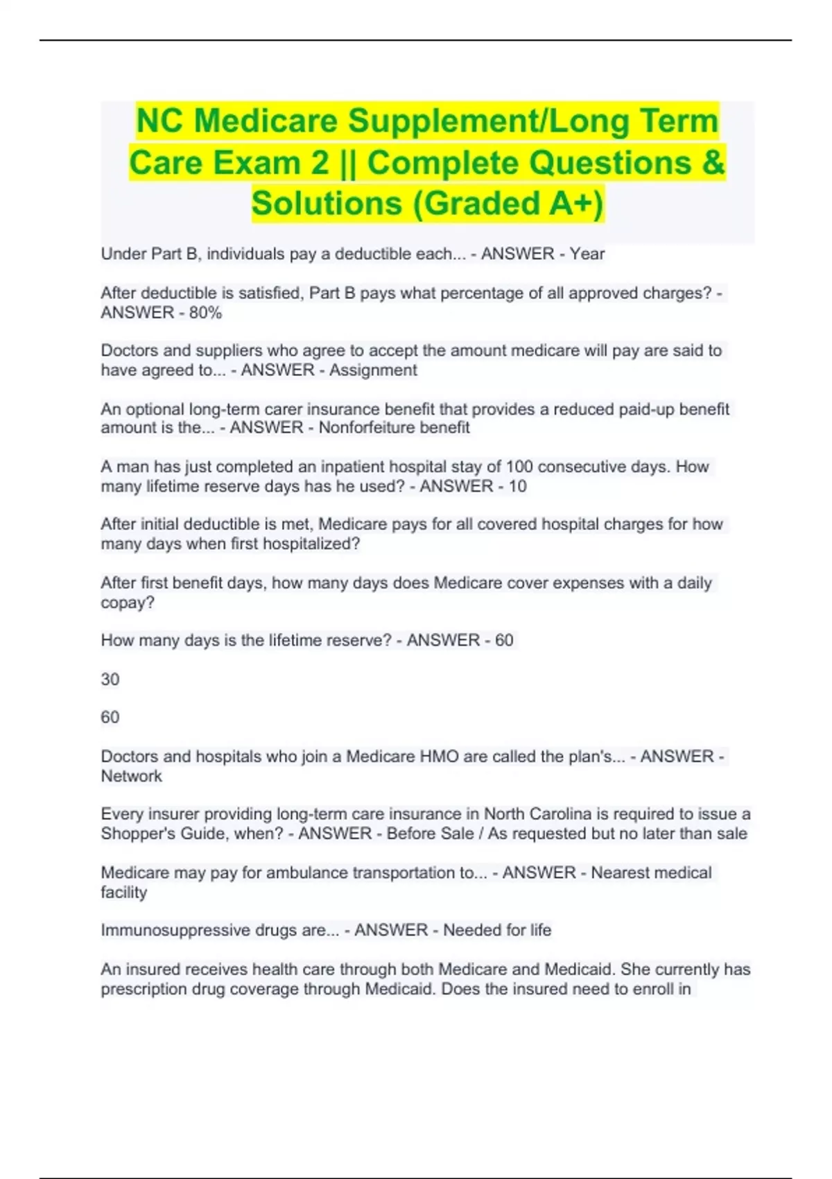 NC Medicare Supplement/Long Term Care Exam 2 || Complete Questions ...