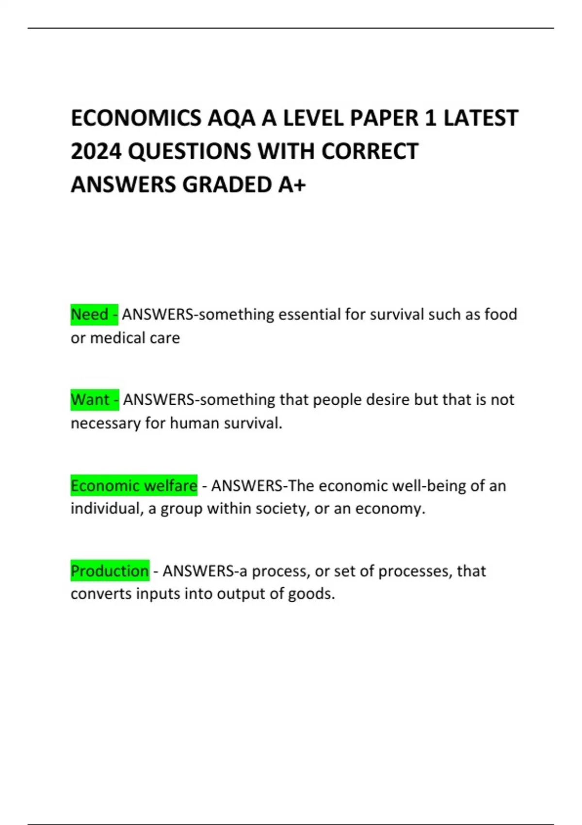 ECONOMICS AQA A LEVEL PAPER 1 LATEST 2024 QUESTIONS WITH CORRECT ...