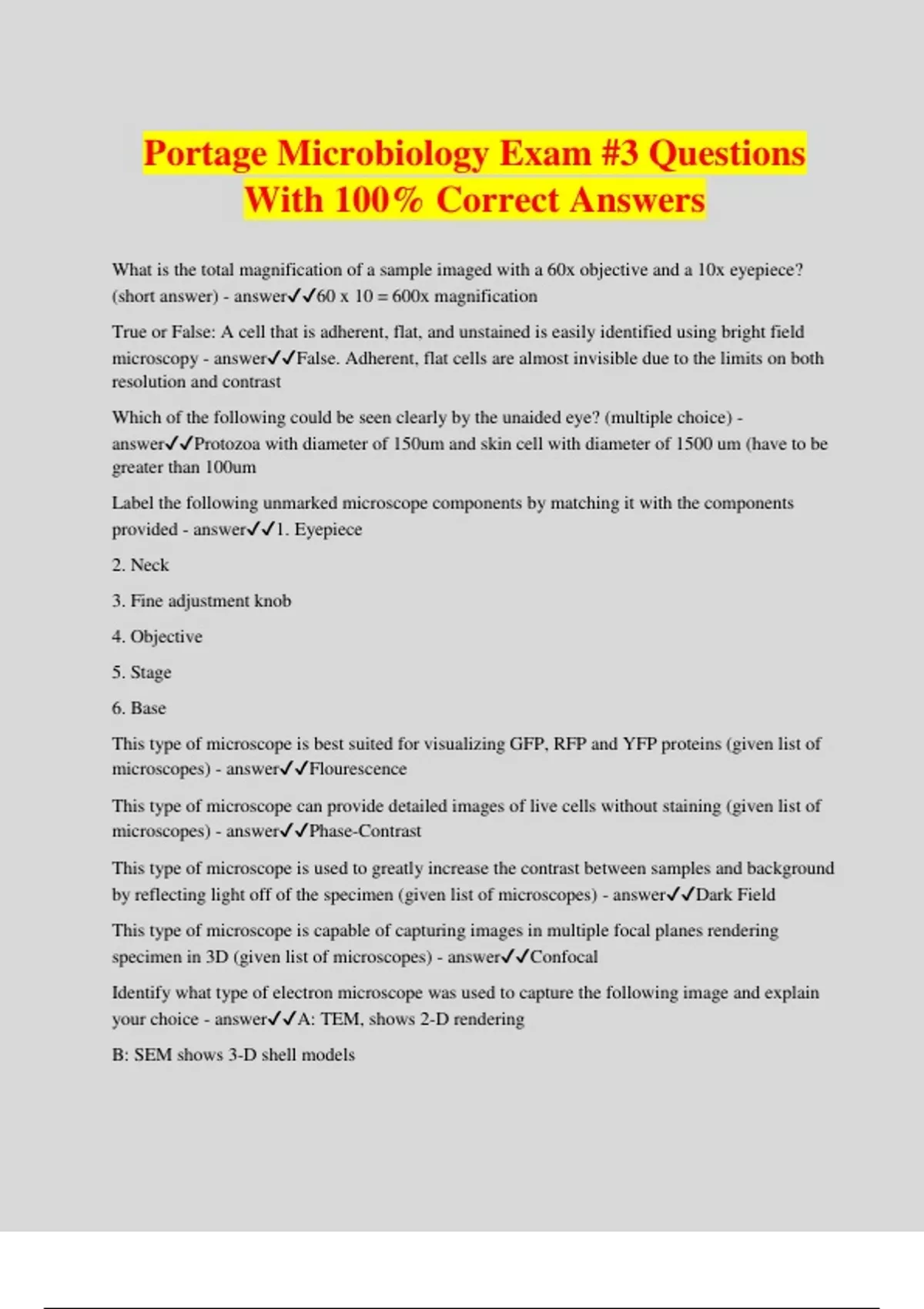 Portage Microbiology Exam #3 Questions With 100% Correct Answers ...