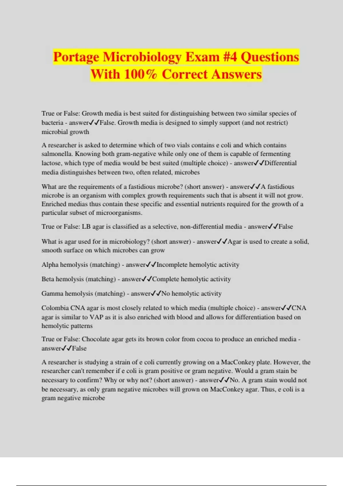 Portage Microbiology Exam #4 Questions With 100% Correct Answers ...